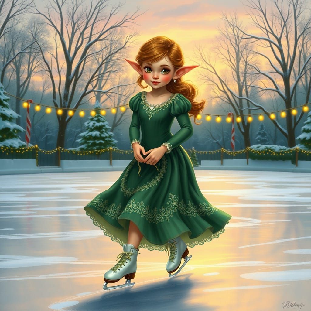 Female Elf child skating on an outdoor ice rink, w... - AI Art