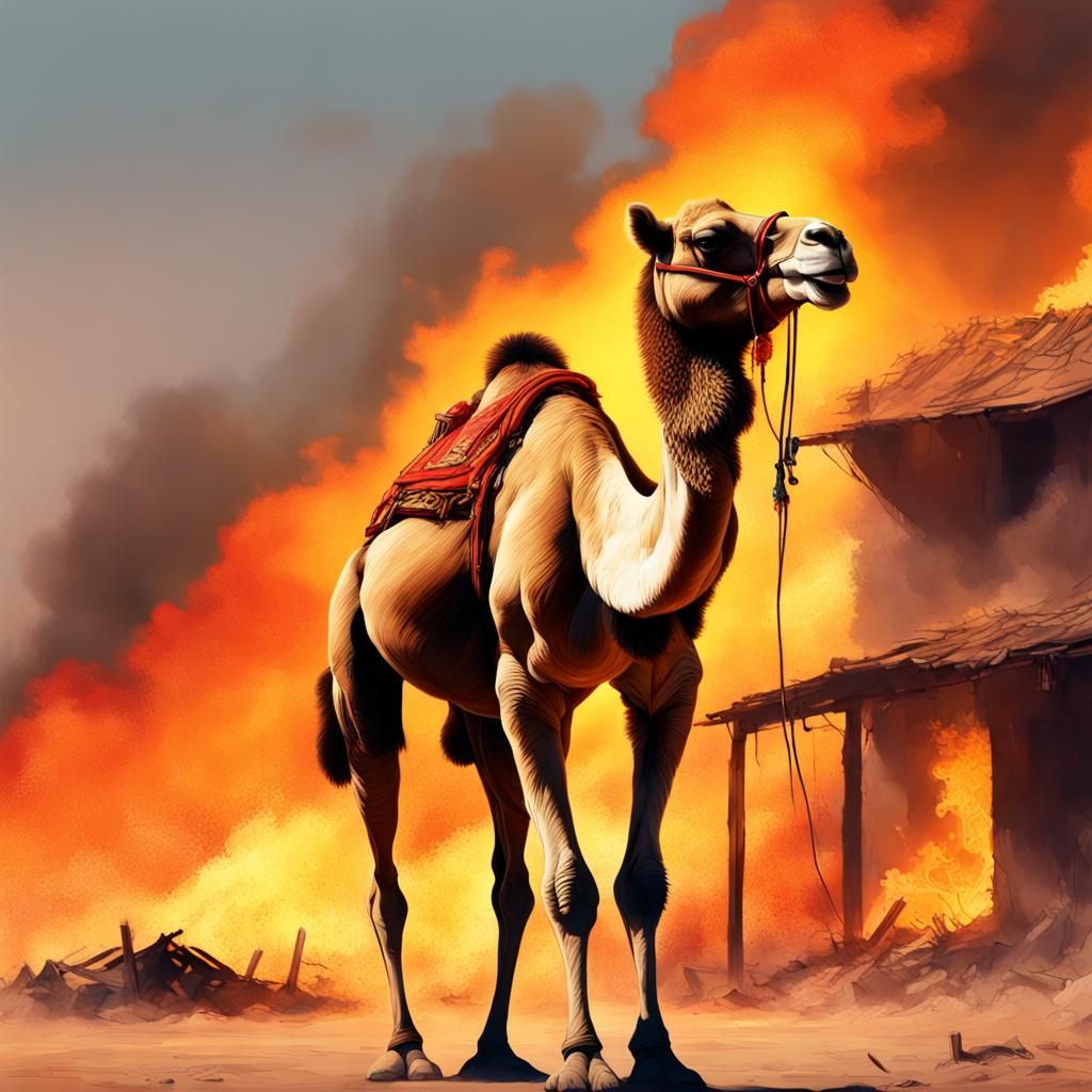 A camel looking back on a big fire where houses are engulfed in flames ...