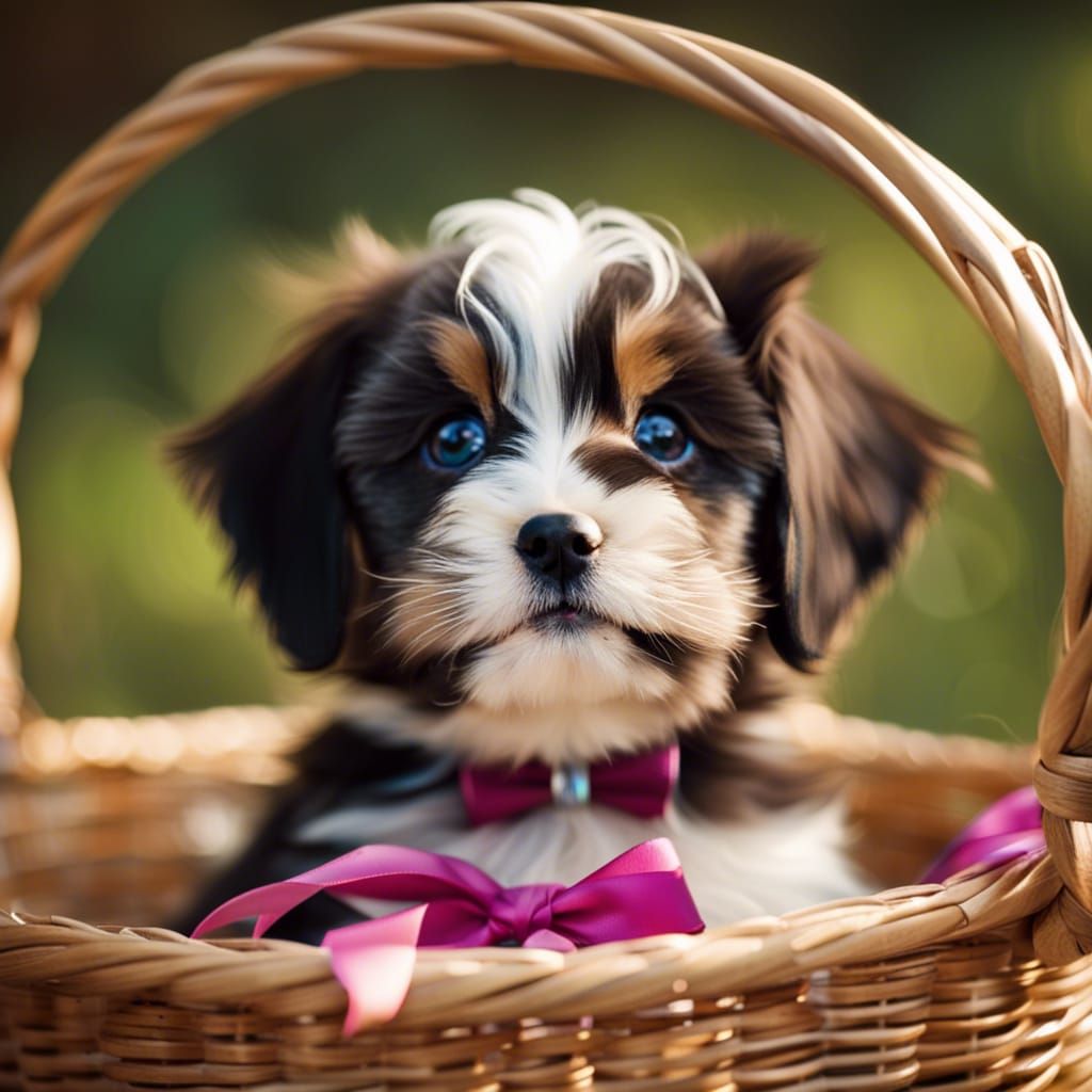 Cutest dog puppy ever in very cute basket with a ribbon in his hair ...