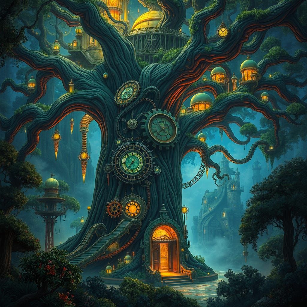 A colossal tree whose trunk is carved with intrica... - AI Art