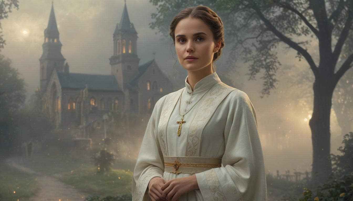 Portrait Natalie Portman as a priest in a historical drama. RANDOM ...