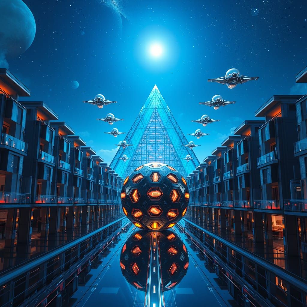 4D Futuristic Cityscape with Glass Pyramid and Fly... - AI Art