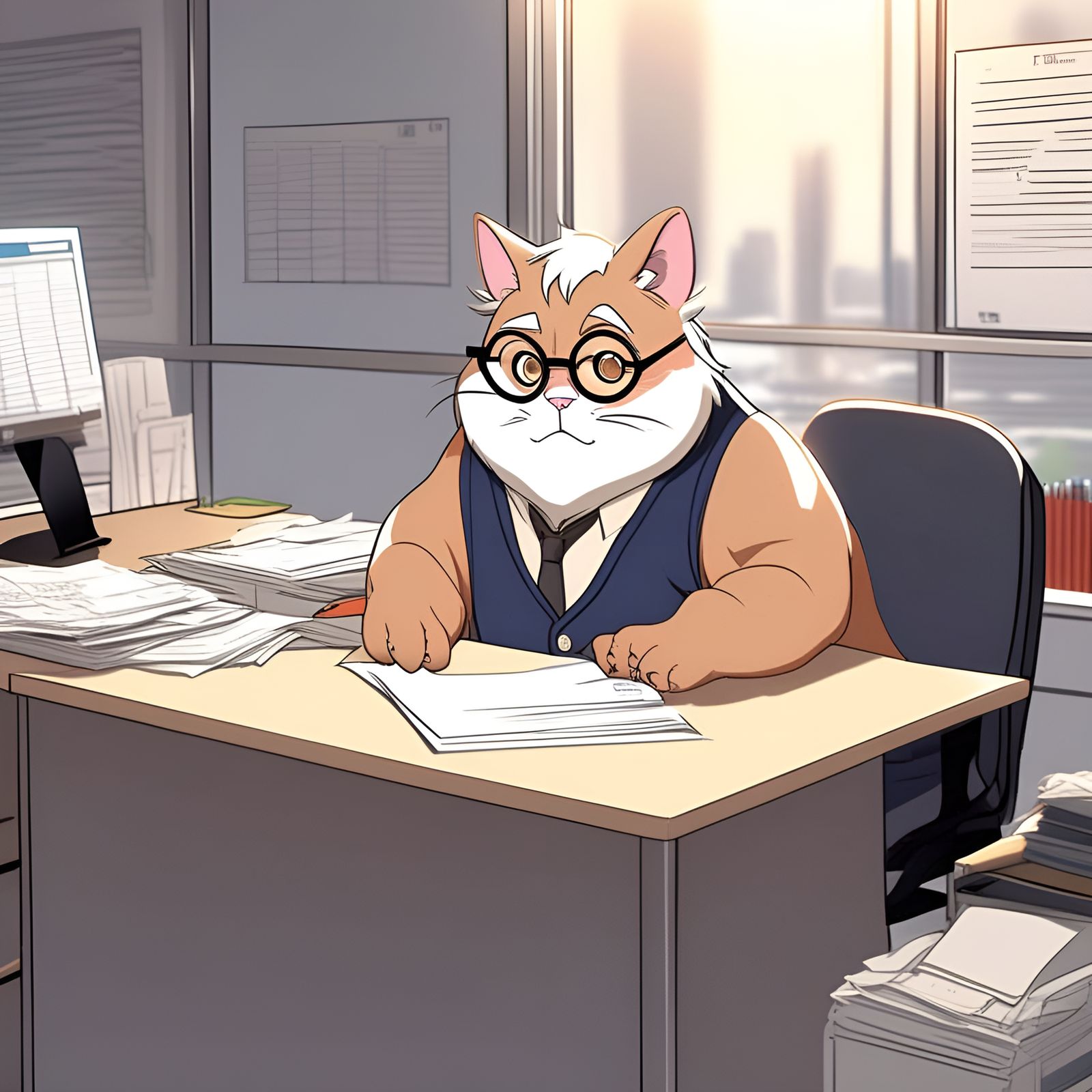 A cute cat doing paperwork at an office anime style - AI Generated ...