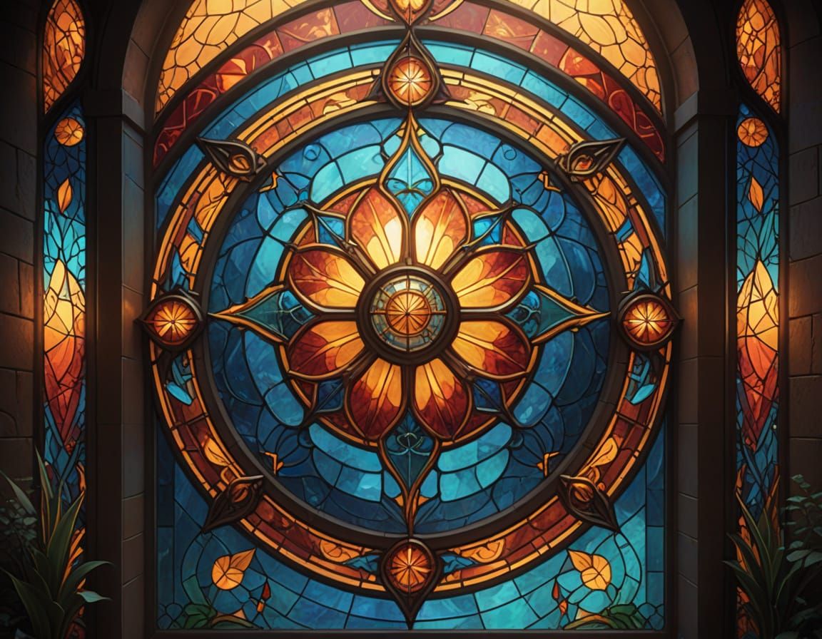 Sacred Geometry Stained Glass Window in Vibrant, I... - AI Art