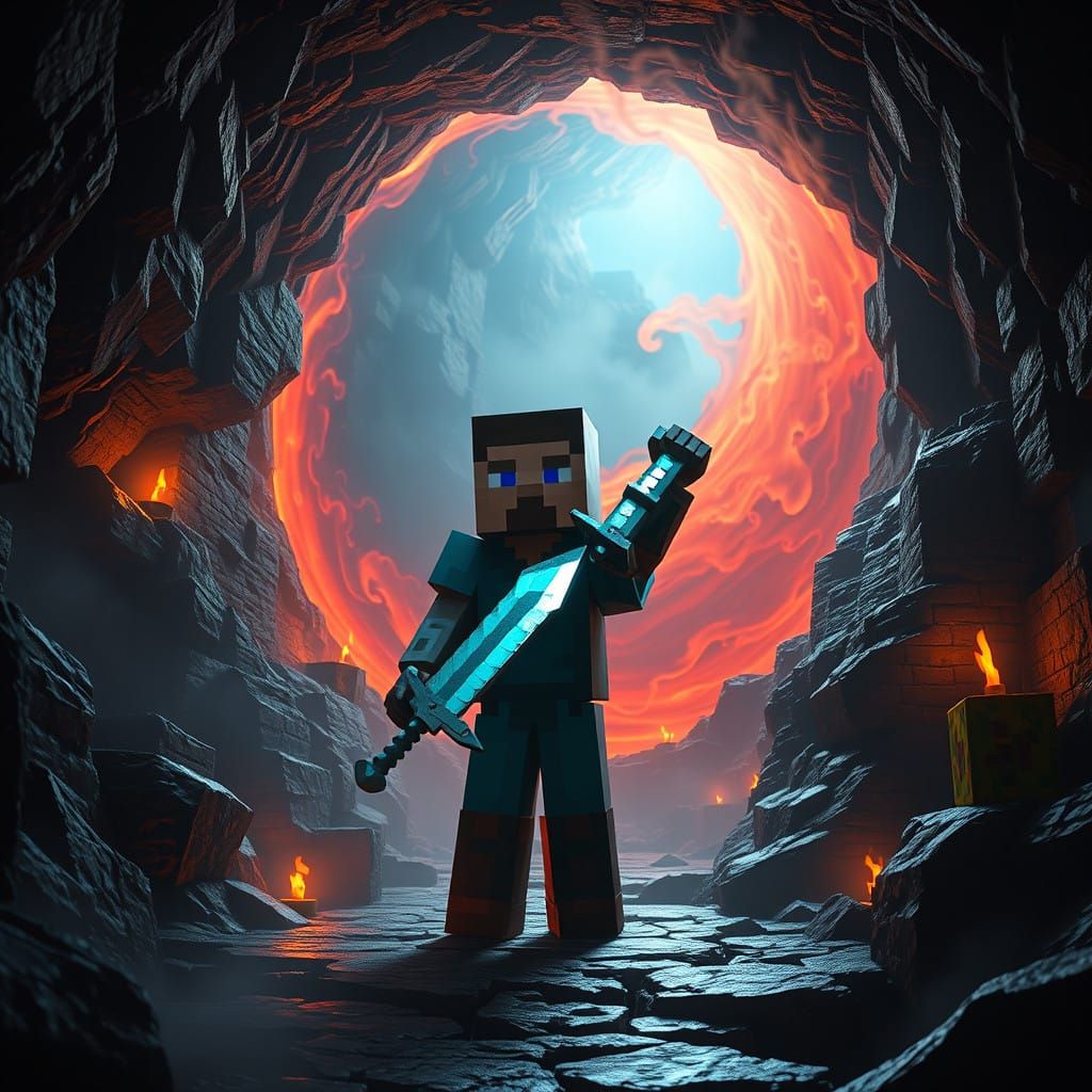 realistic minecraft character opening Nether portal