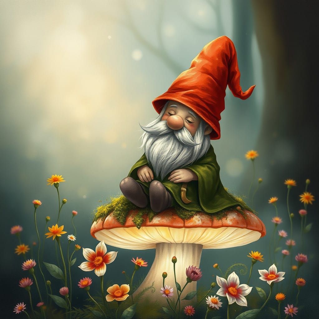 Gnome sitting on a glowing magical mushroom in the forest surrounded by ...