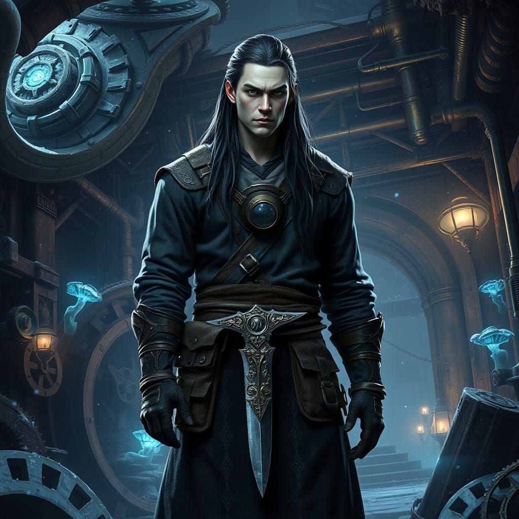 Surreal Dwemer Ruin Scene with Half-Elf Engineer - AI Art