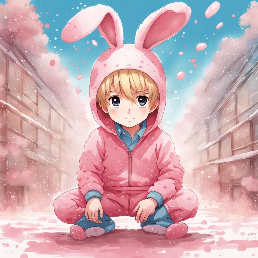 innocent blonde-haired boy in pink bunny suit