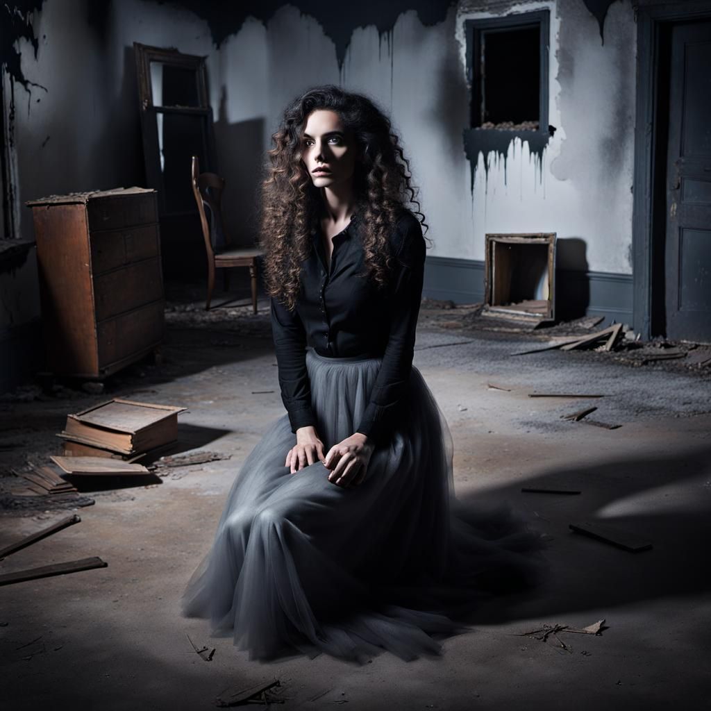 Scared girl kneels on the floor of an abandoned house - AI Generated ...