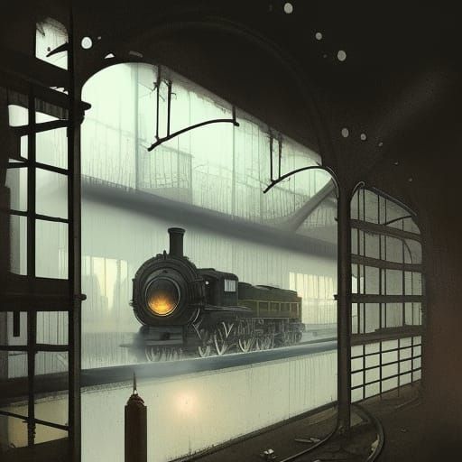 steam powered locomotive at station sinister by Greg Rutkowski - AI ...