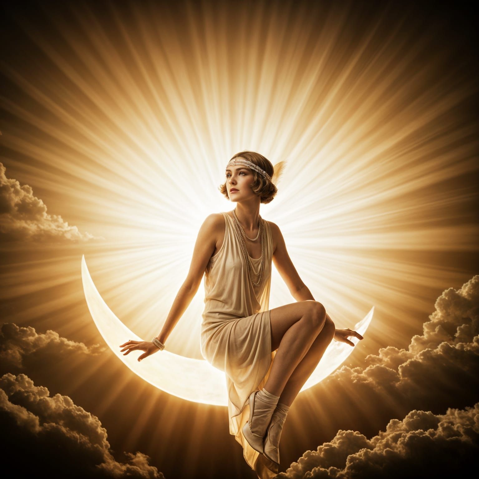 Flapper Goddess Shines Bright on Crescent Moon - AI Art