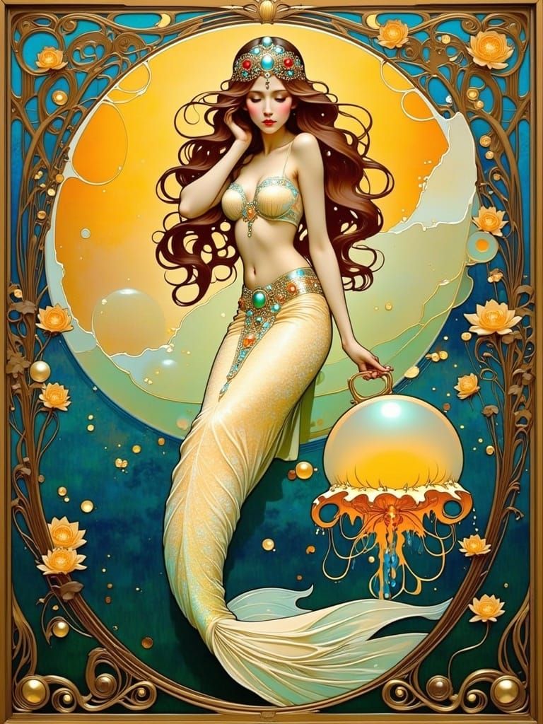 Sultry Mermaid Sits Beside Golden Sun Jellyfish in... - AI Art