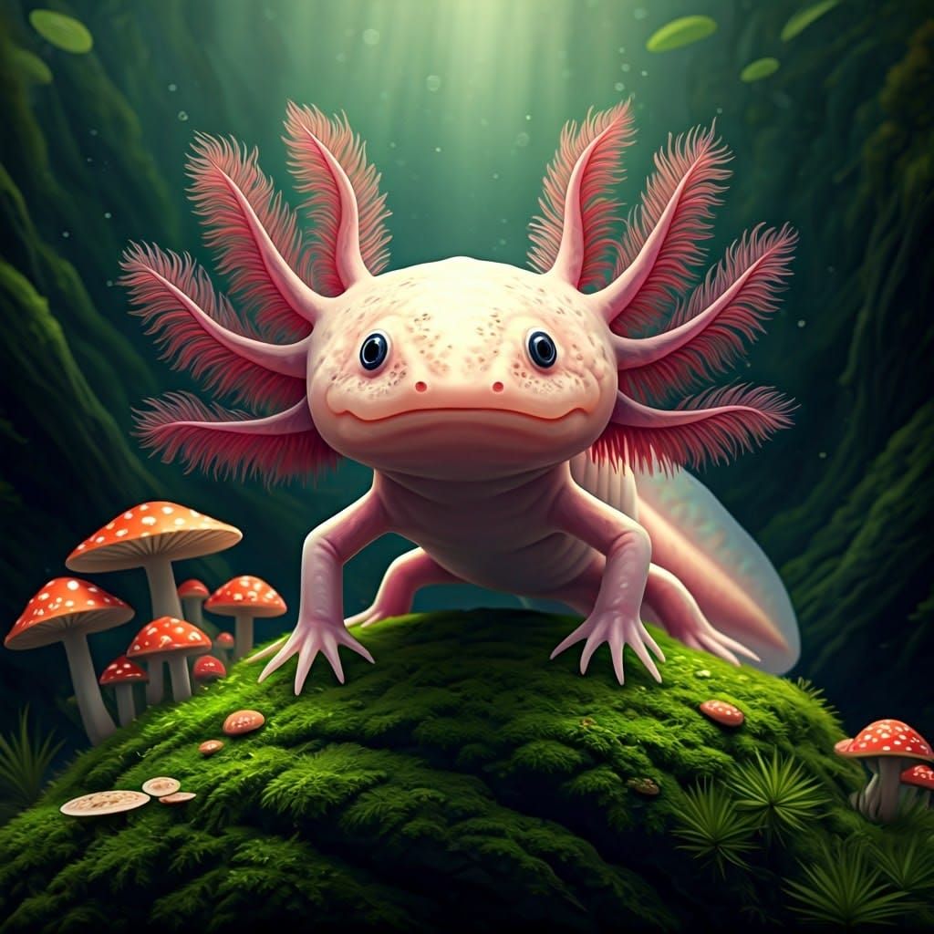 A2727 - A charming axolotl is depicted in a magical underwater ...