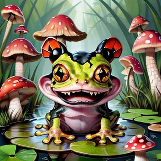 Surreal Kitten Frog Hybrid in Snake's Mouth Scene - AI Art