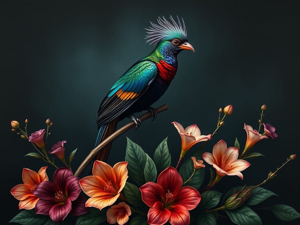 Resplendent Quetzal portrait with botanical flowers