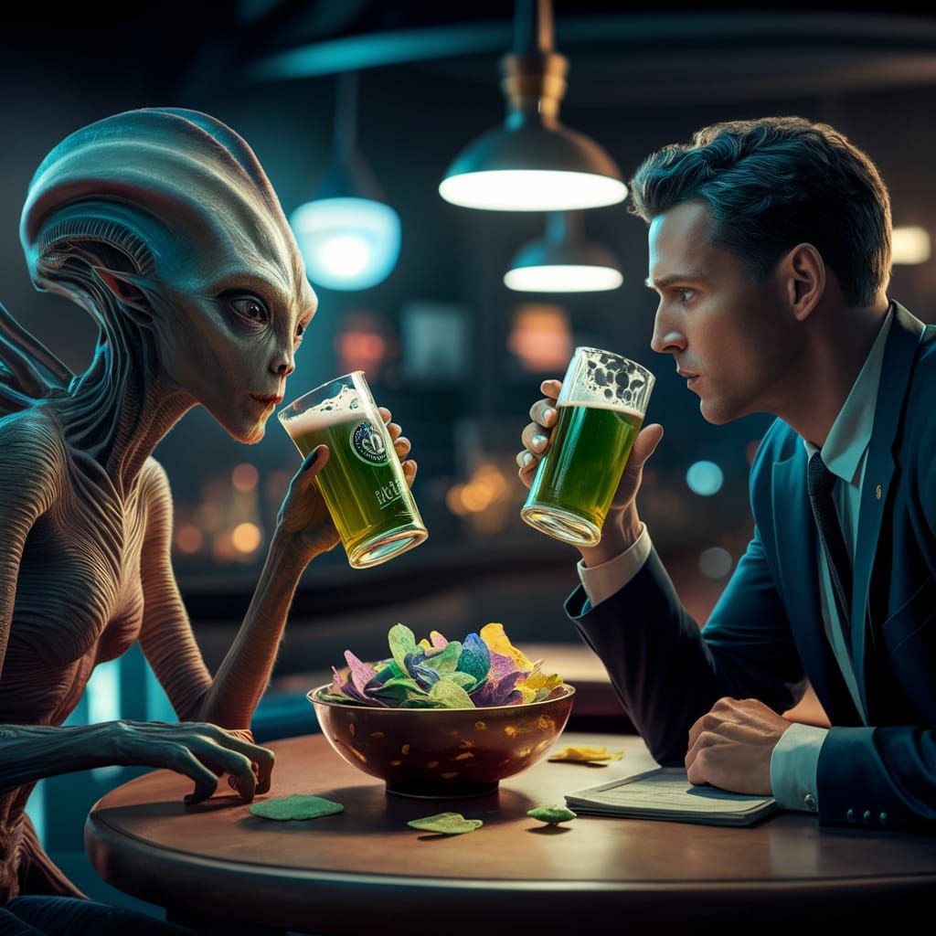 A lawyer talks to an alien in a bar. Beer and chips - AI Generated ...
