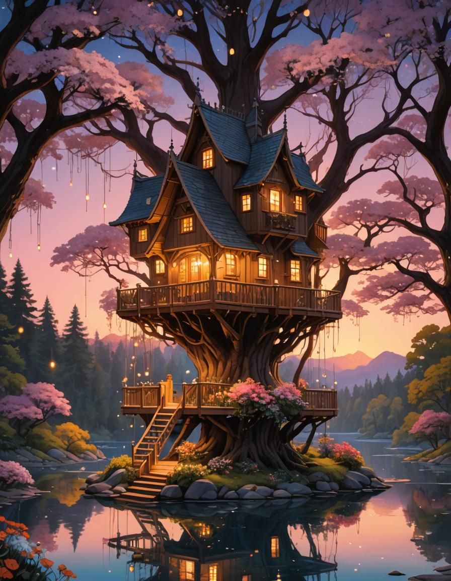 Cherry blossom treehouse - AI Generated Artwork - NightCafe Creator