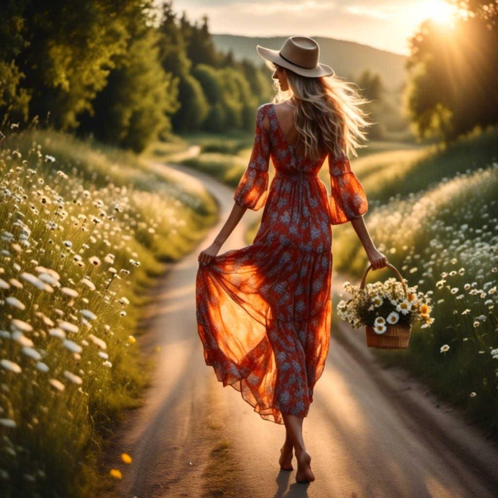 Beautiful barefoot hippie woman walking down a country road holding a bunch of daisies... - AI ...