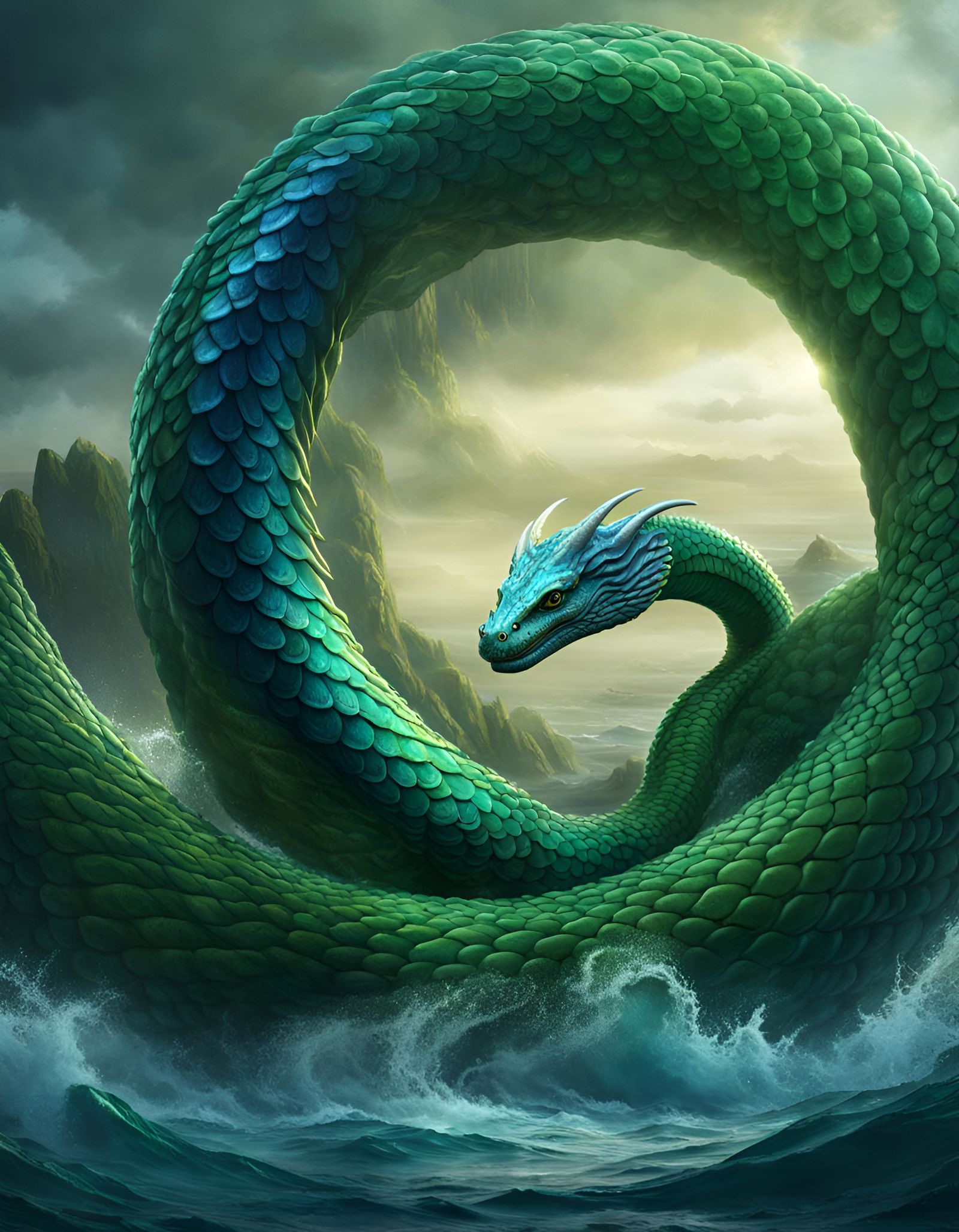 green and blue sea serpent rising out of the water. coiling. norse ...