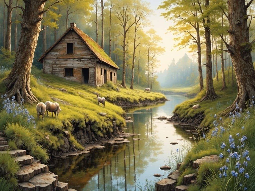 The Brook - Serene Oil Painting of Whimsical Wooded River Va...