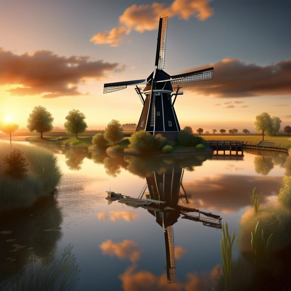 Windmill in beautiful sunset - AI Generated Artwork - NightCafe Creator