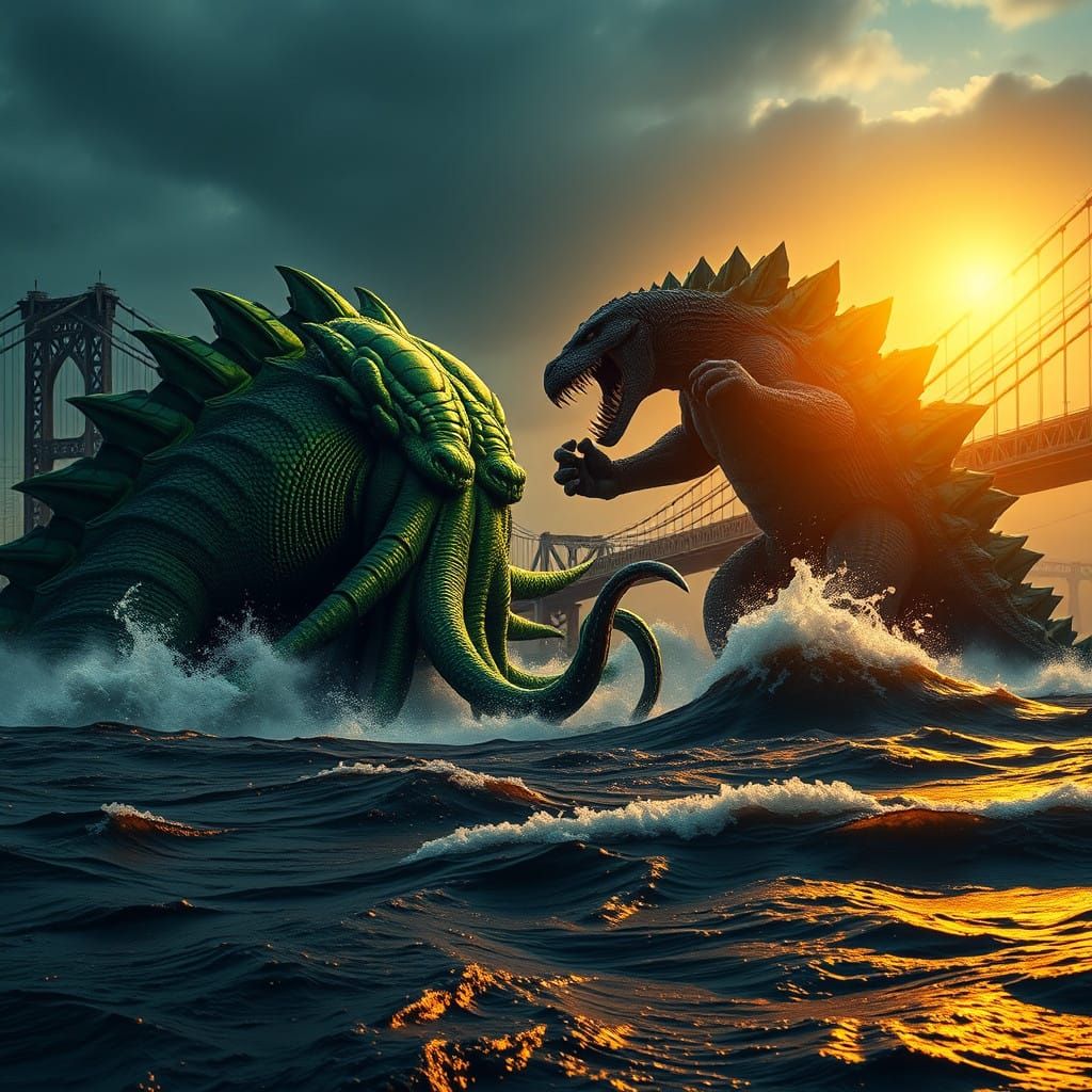 Cthulhu Vs Godzilla - Cthulhu Battles Godzilla in a Dark, Tu...