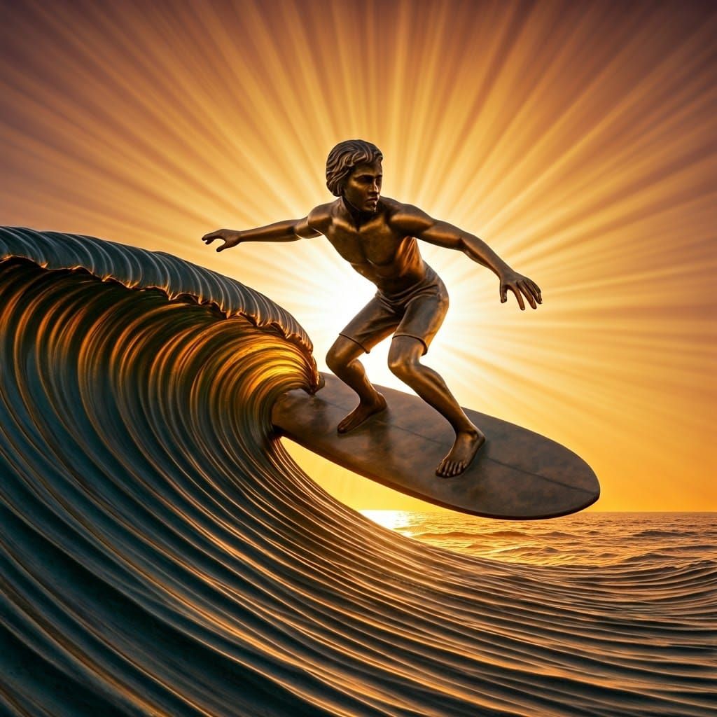 Surfer - Heroic Bronze Surfer Sculpture Under Golden Sunset