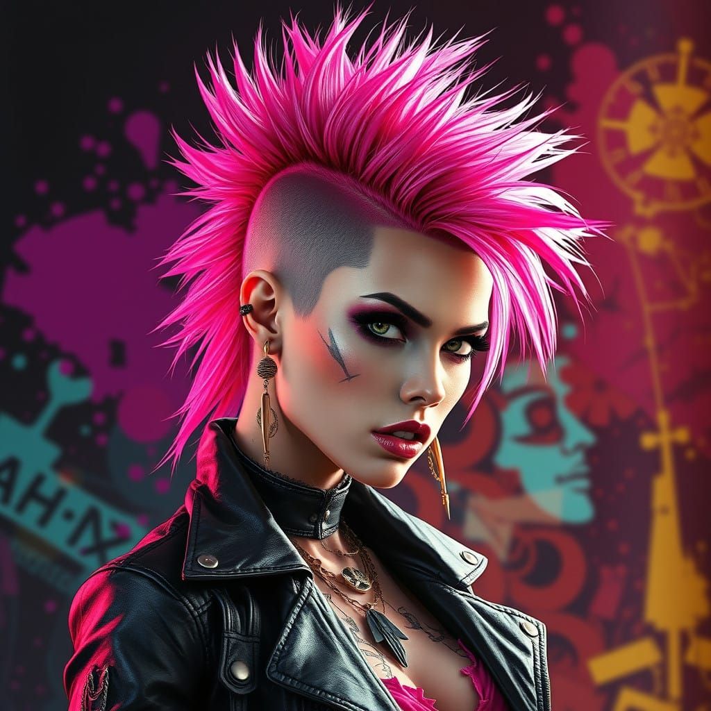 Vivid Punk Rock Goddess with Spiked Pink Mohawk - AI Art