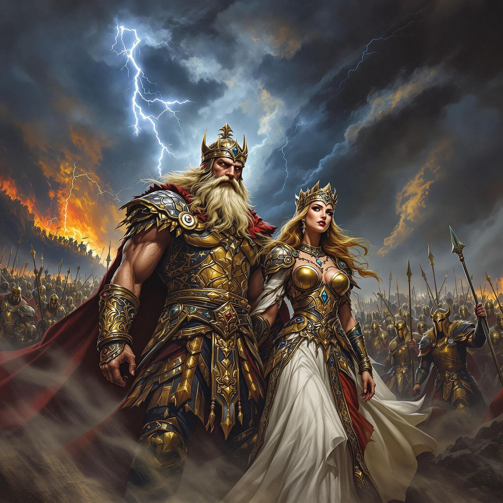 Regal Viking king and queen, clad in intricately woven armor and ...
