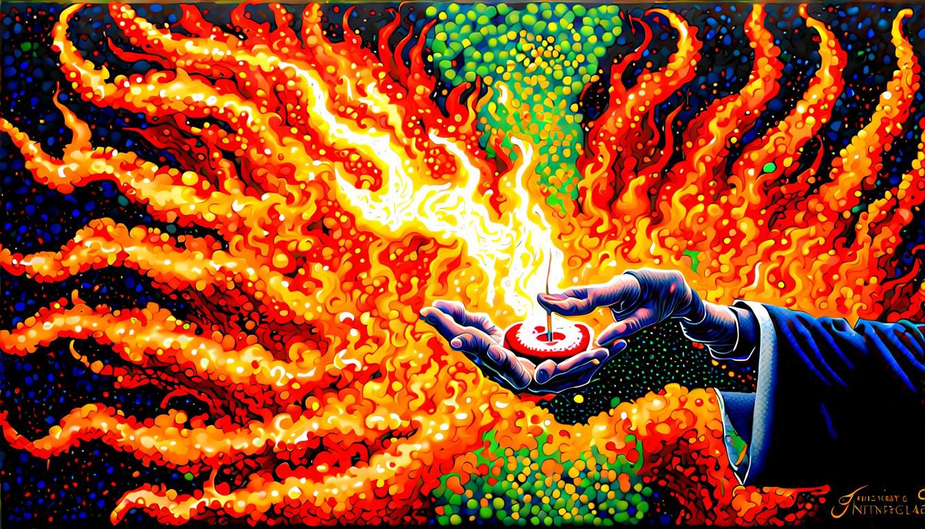 fire magic , flames coming from a from magician's hands , pointillism ...