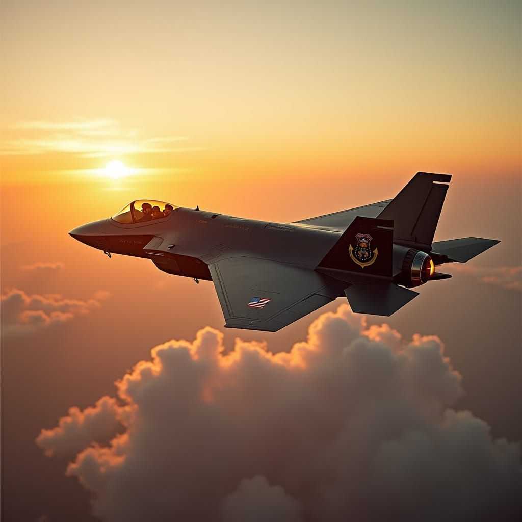 Camouflaged F35 Raptor Flying into Sunset, Cinemat... - AI Art