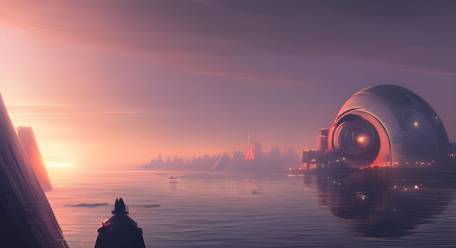 City skyline across the water at sunset. Liminal Craft no man Space ...