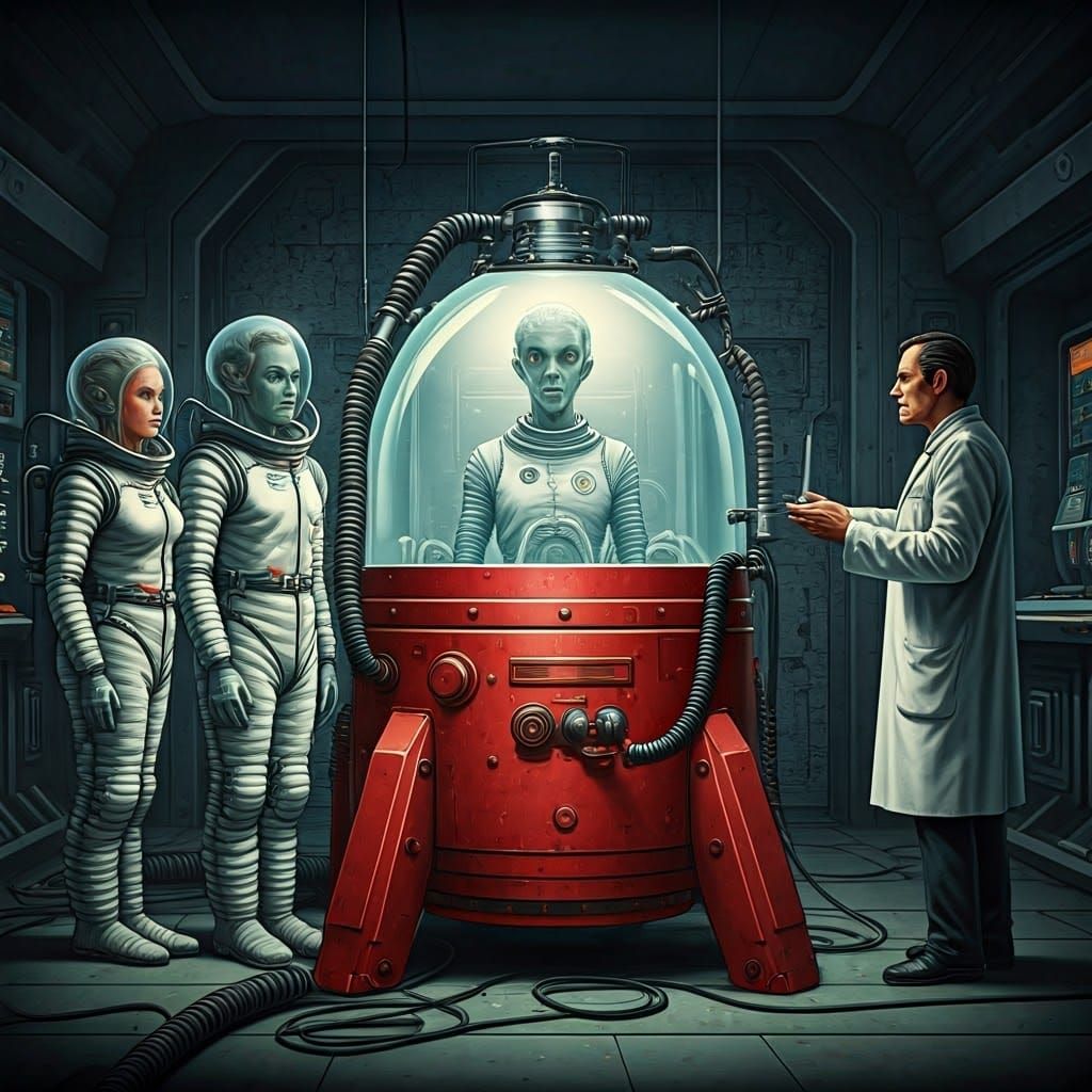 Retrofuturistic Alien Scene with Cryogenic Capsule... - AI Art