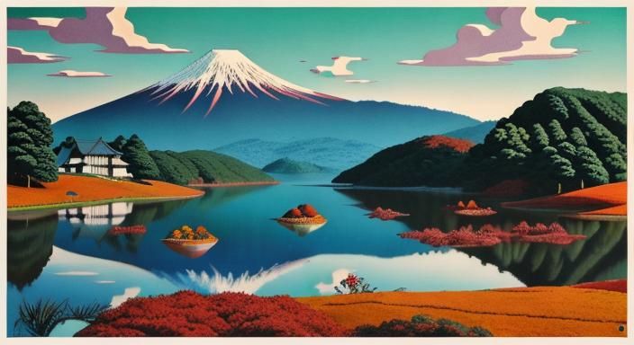 Fusion between Pop art deco and traditional Japanese ukiyo-e art, Landscape art, Hokusai, Juji ...
