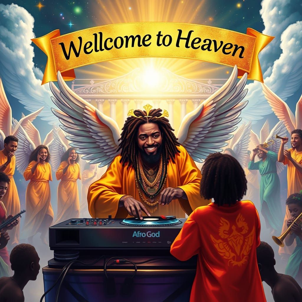 Afro God as DJ in Heaven with Jamaican Angels - AI Art