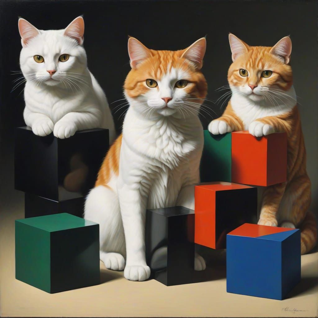 Geometric Cats and Fish Among Cubist Cubes - AI Art