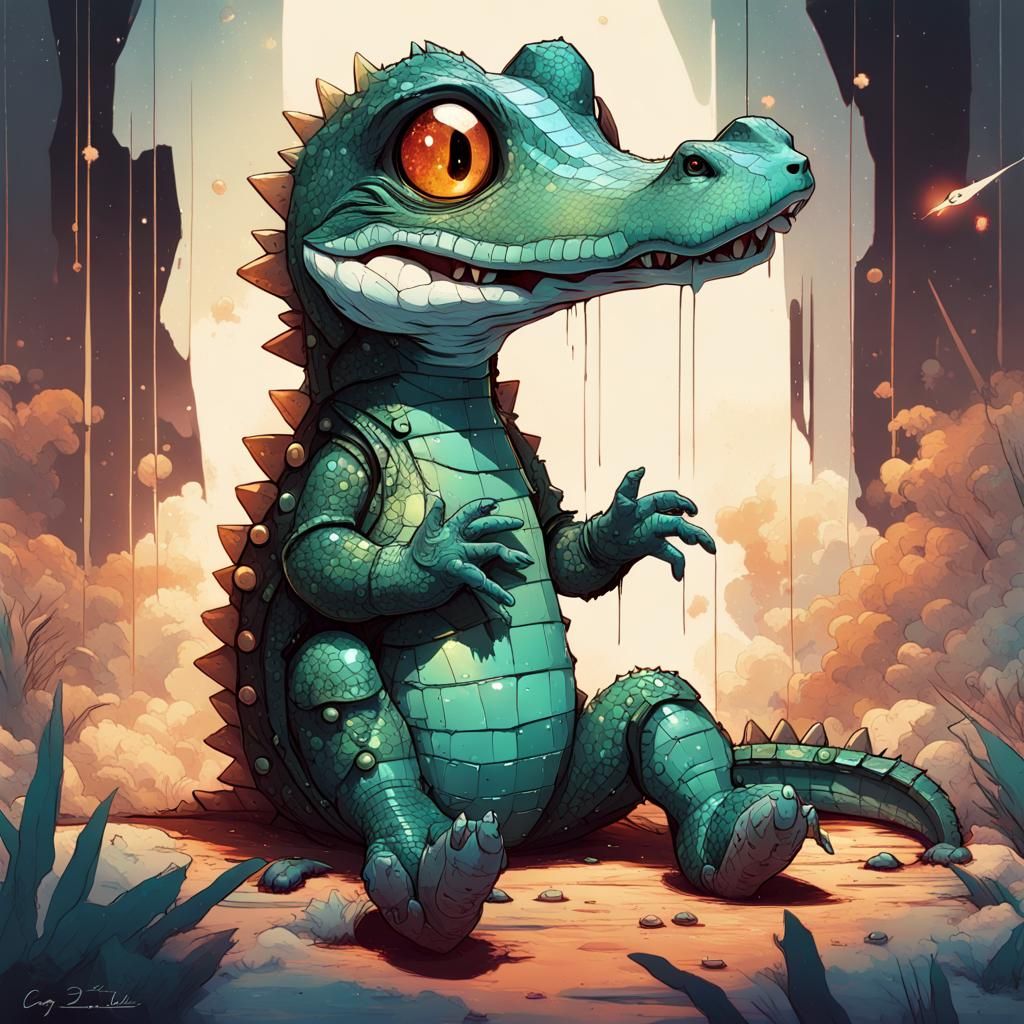 adorable baby crocodile made as a constelation, glowing reflecting eyes ...