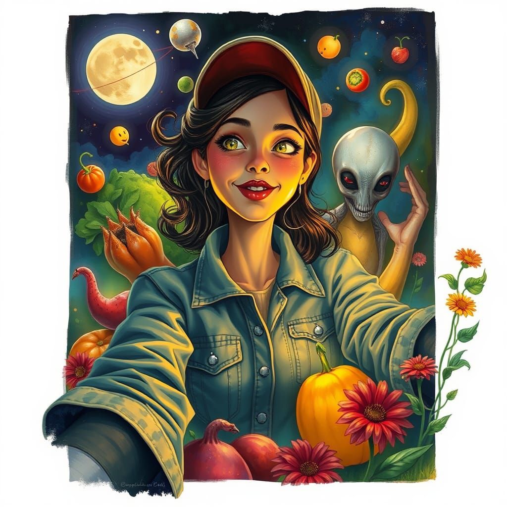 Surrealist Woman Amidst Glowing Mutated Foods - AI Art