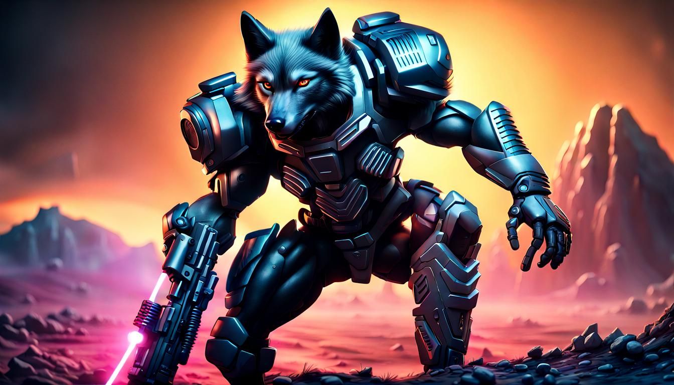A furry anthropomorphic black male wolf in futuristic armor holding a ...