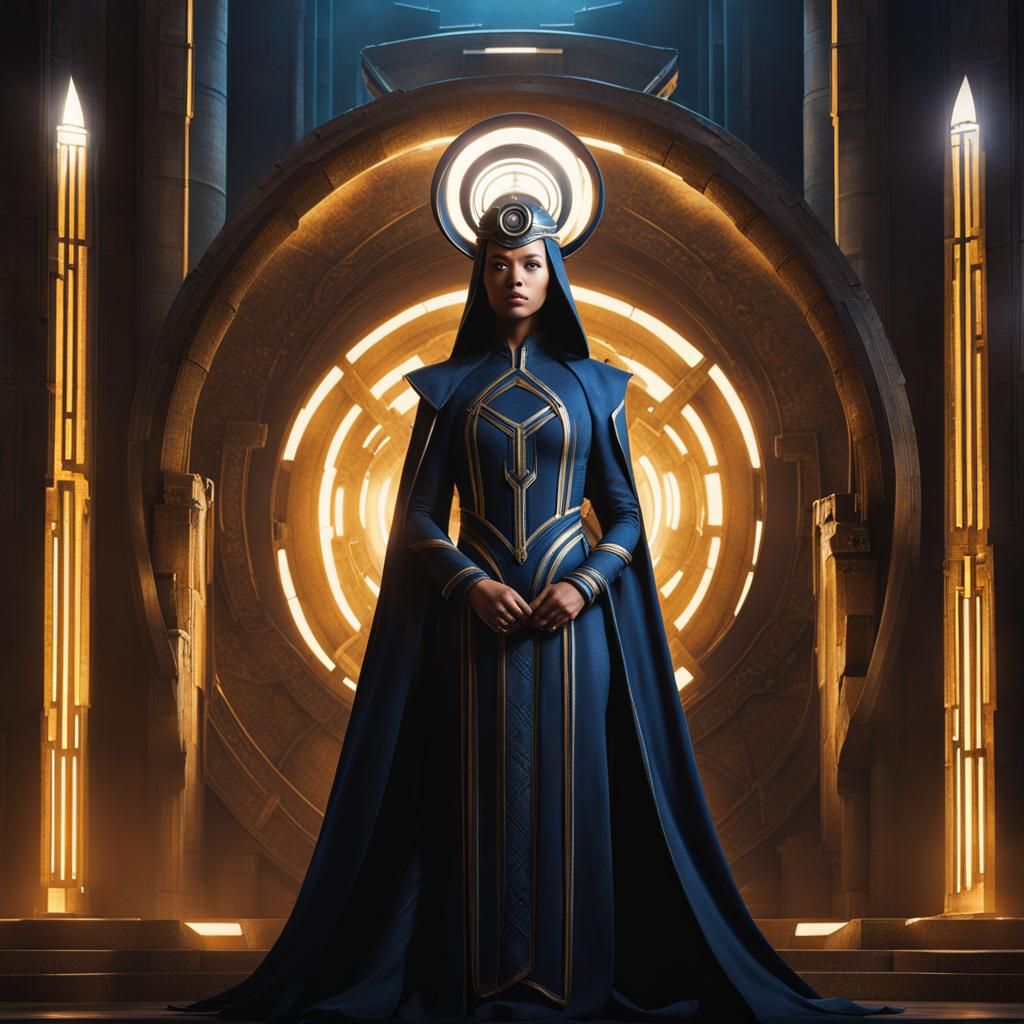 Imagine a female healer high priestess, her presence a synthesis of ...