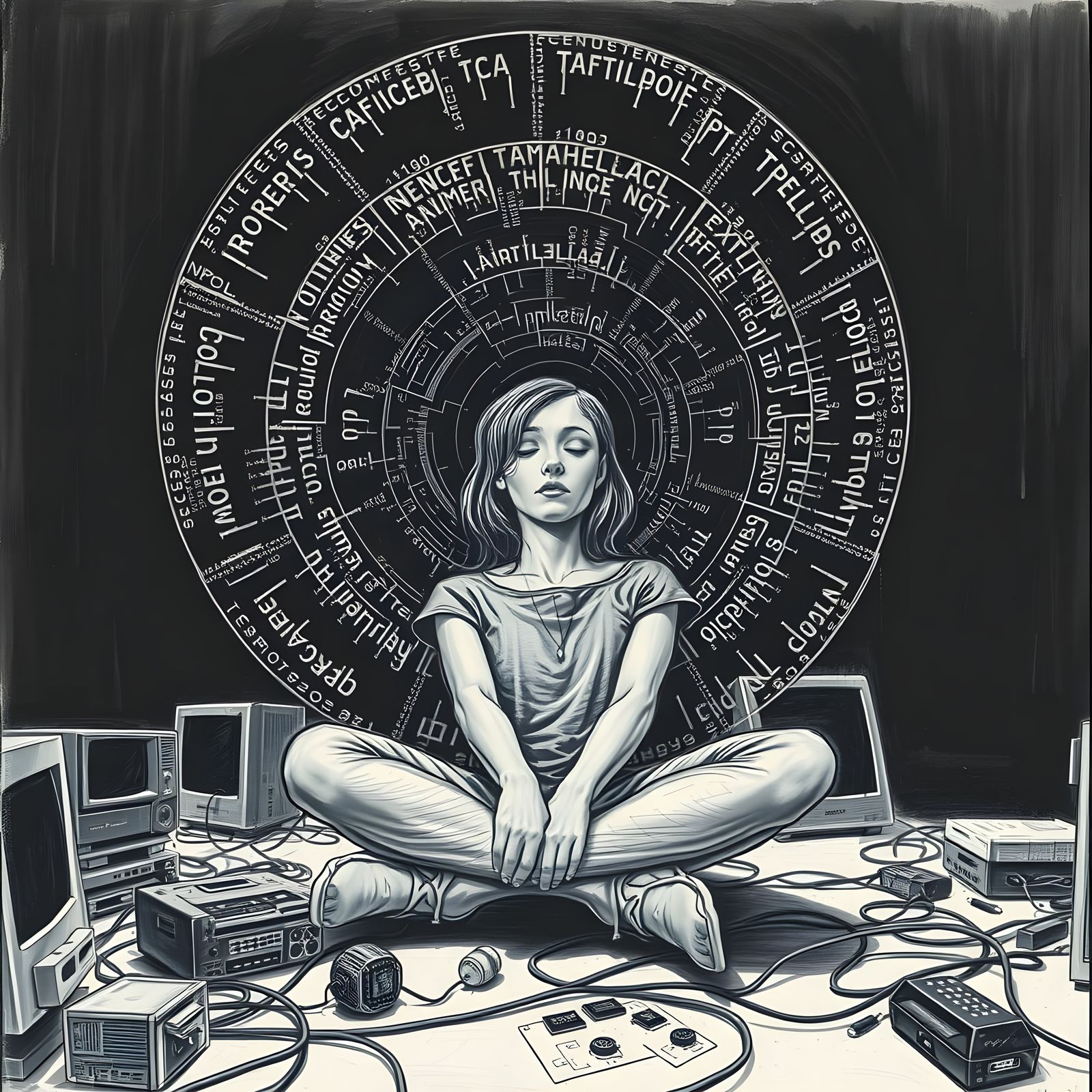 Hypnotized Girl Among Circuitry, Charcoal Drawing ... - AI Art