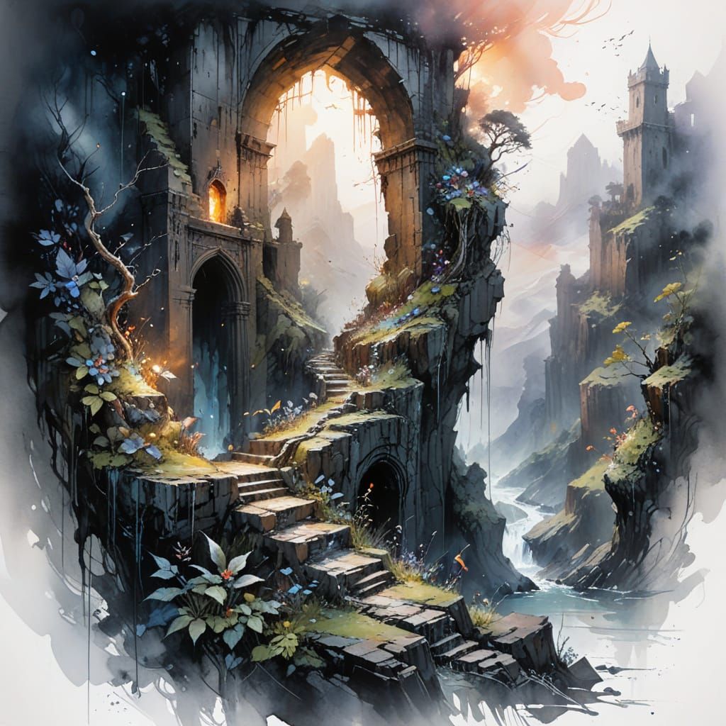 Obsidian Serpent's Lair in Dramatic Watercolor Sty... - AI Art
