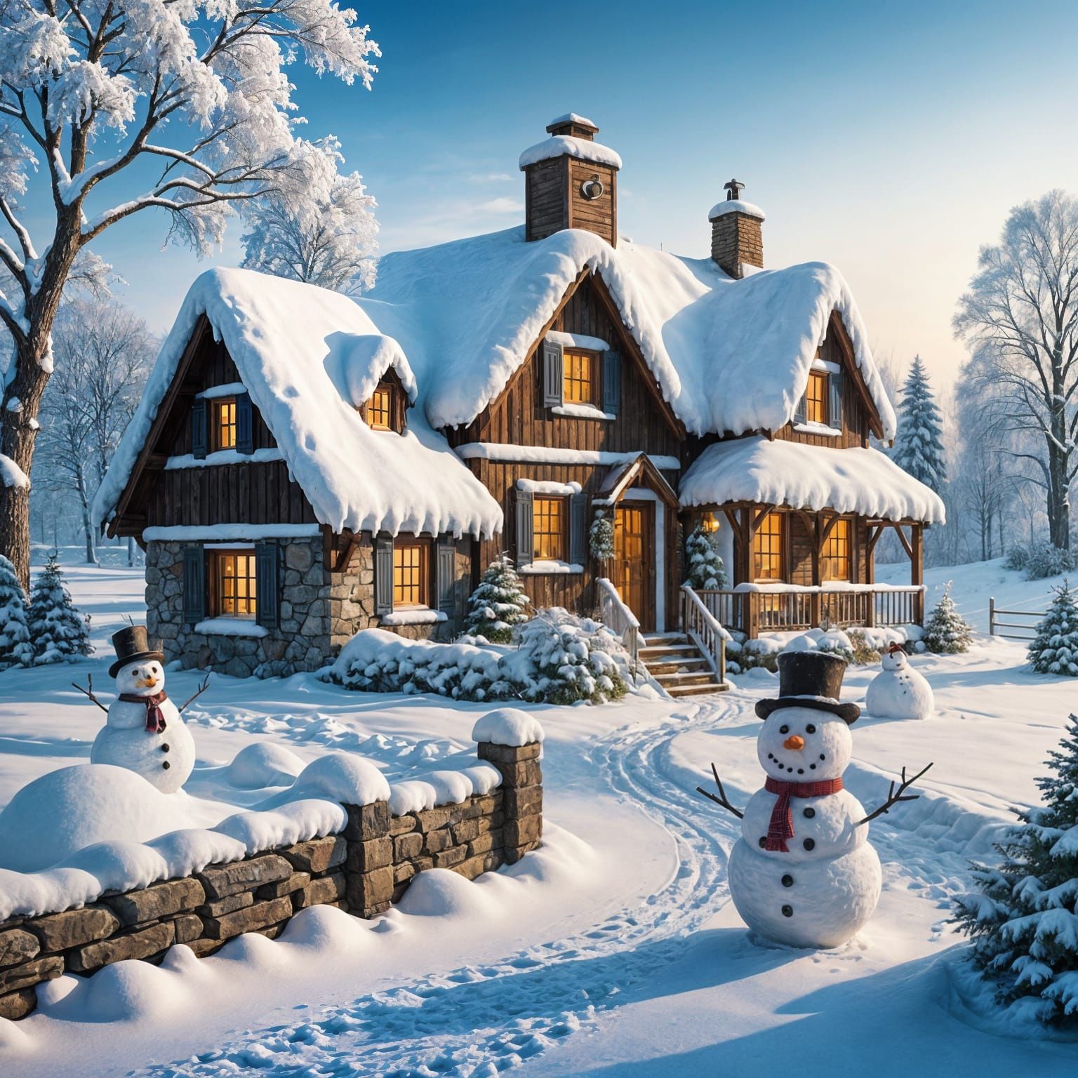 Winter Cottage - Cozy Winter Cottage Scene with Snowman