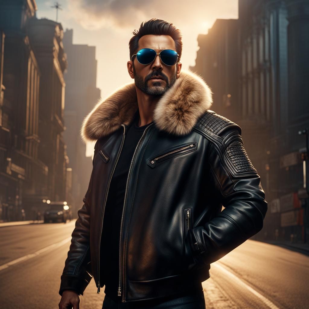Hyperrealistic portrait of a strong badass man wearing leather jacket ...