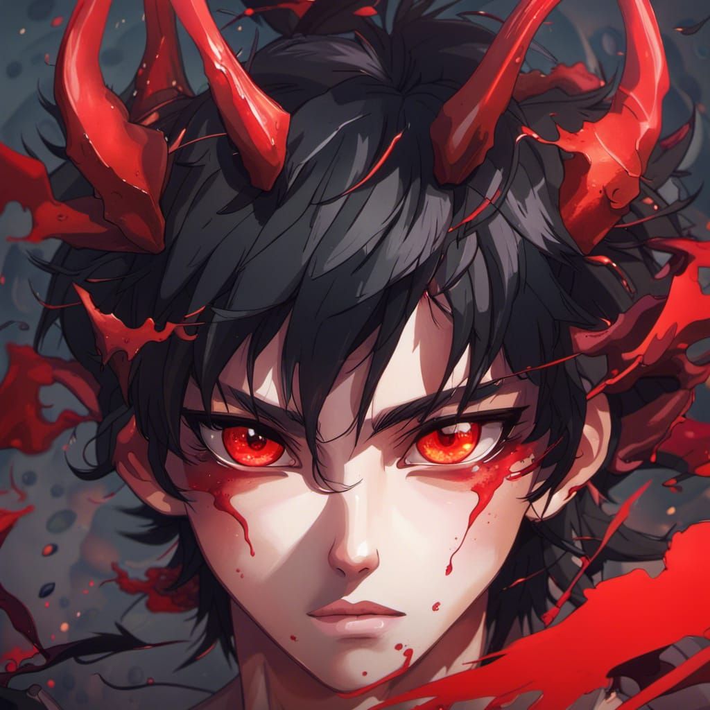 Anime style A person who have chaotic aura with black hair red demon ...