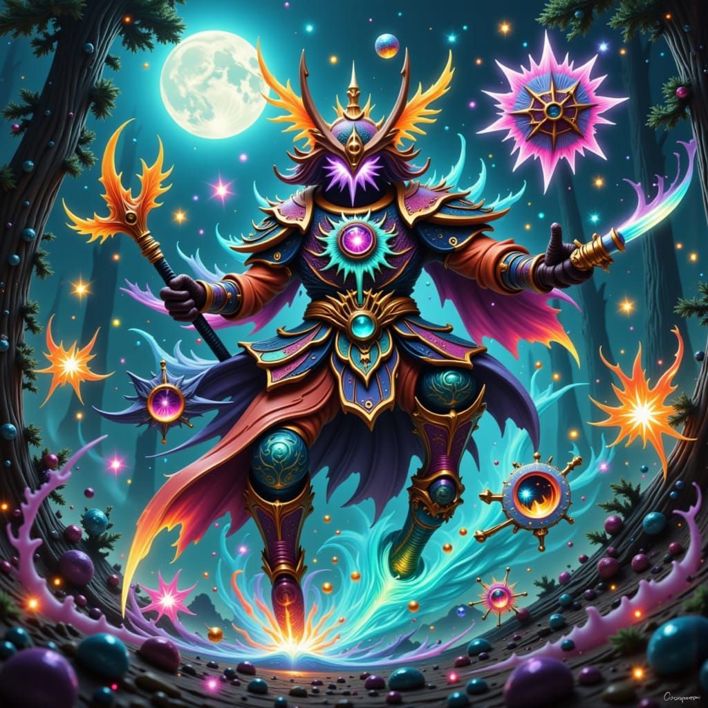 Yokai and Oni Samurai Battle in Neon Forest - AI Art