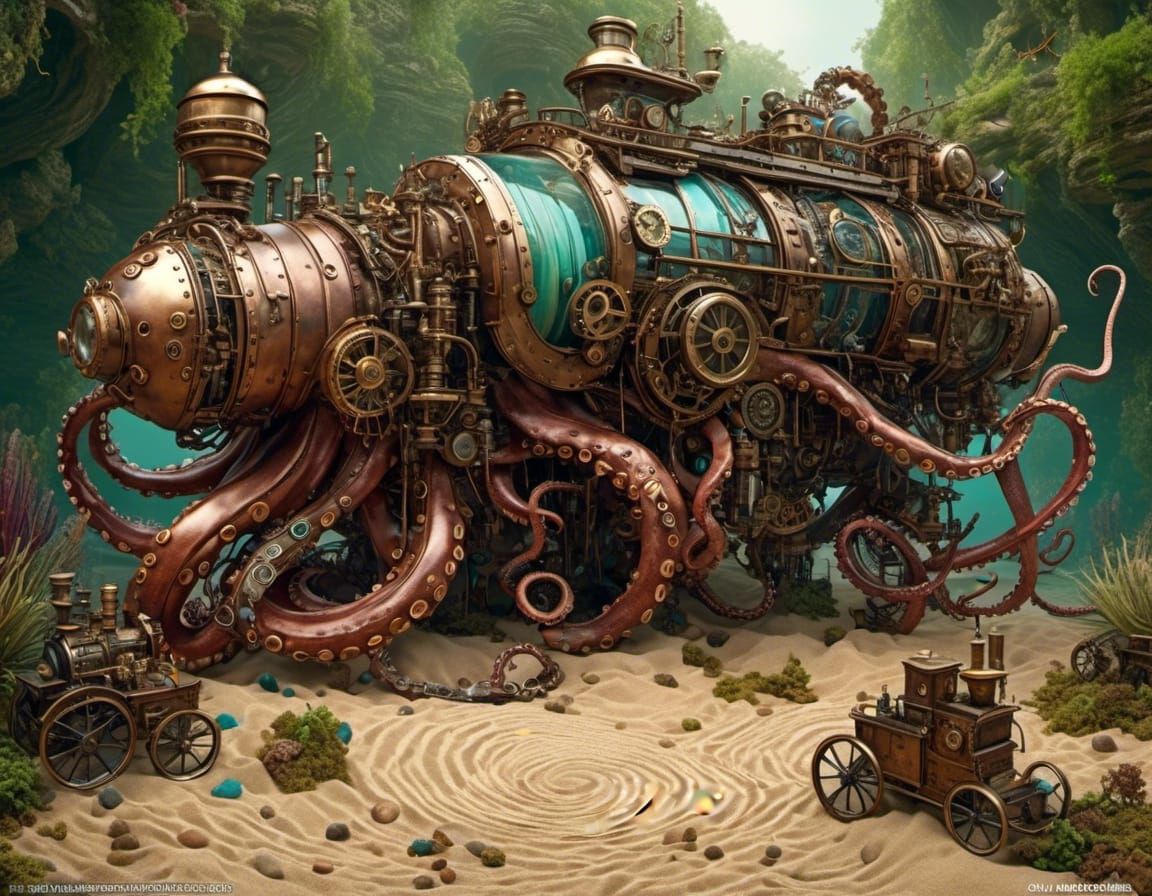 unusual composition "steampunk engine octopus!!", coral reef, intricately detailed complex ...