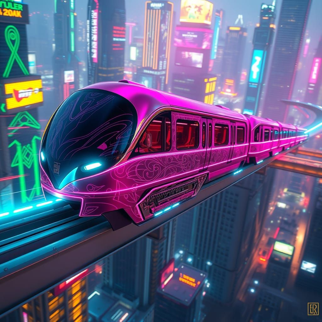 hyper detailed futuristic hot pink neon monorail train