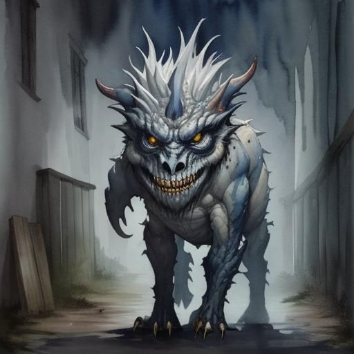 Low key wet dripping watercolor of a mischievous monster peaking around ...