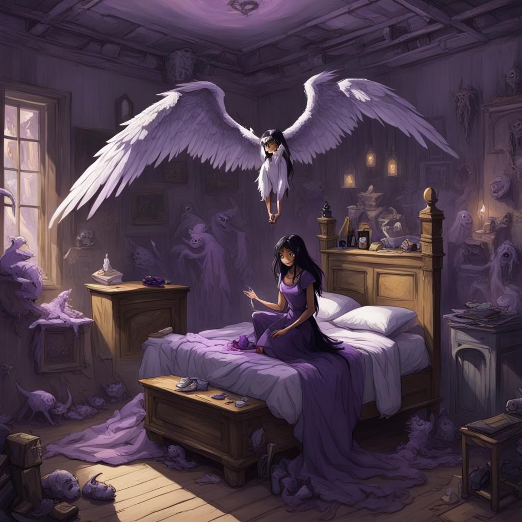 a cute aphmau with angel wings standing with purple shoes in her bed ...